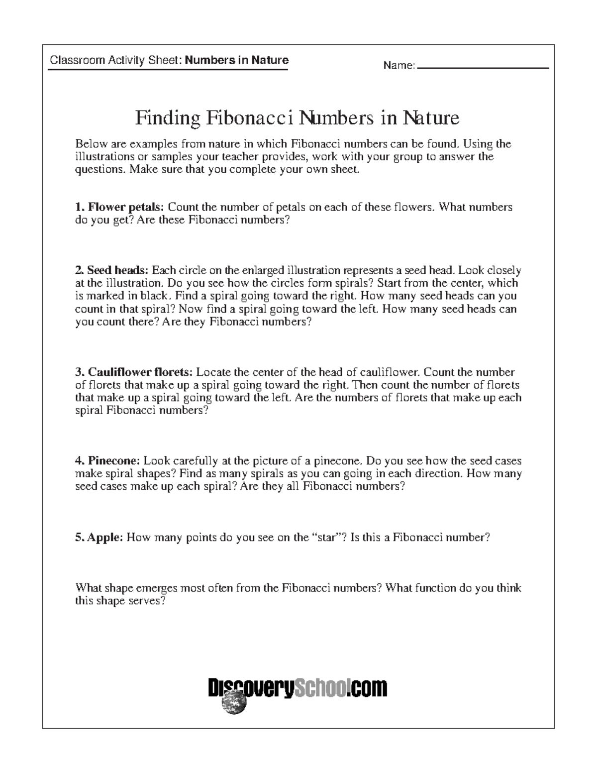 Numbersnature of world math - Classroom Activity Sheet: Numbers in ...