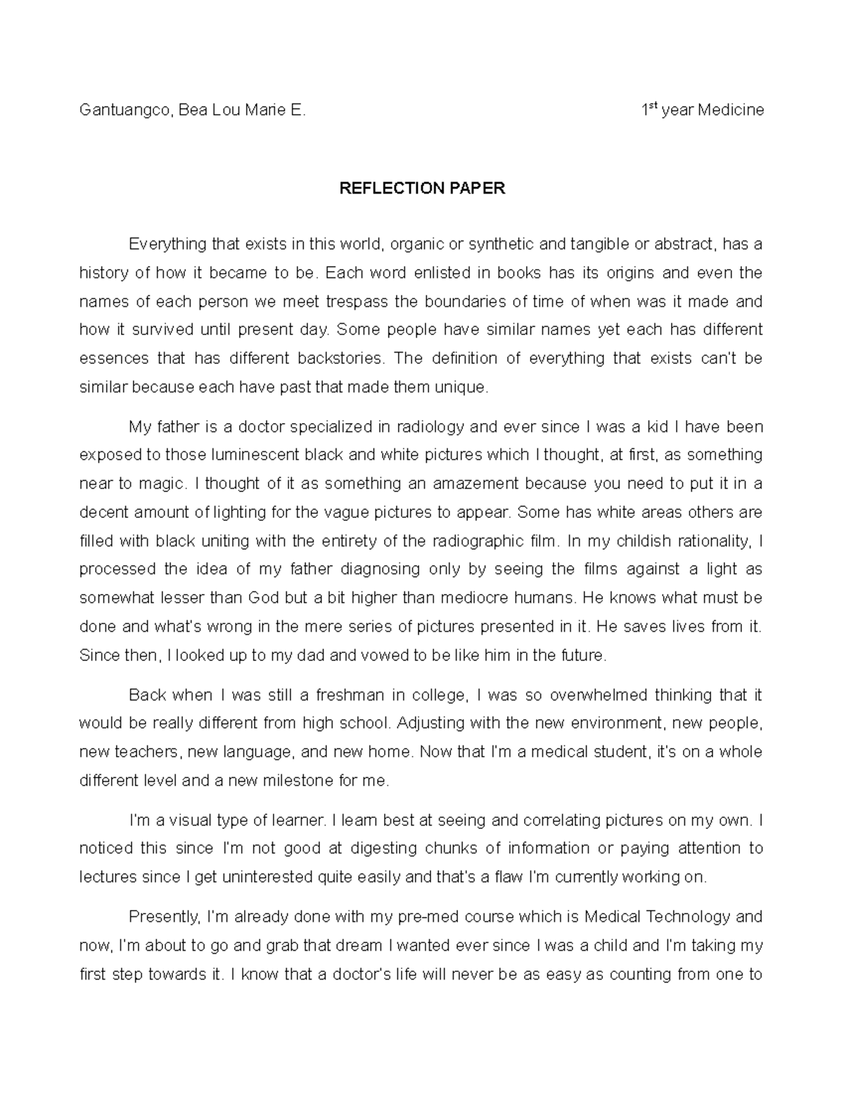 Reflection First Year Medicine in Cebu - Studocu