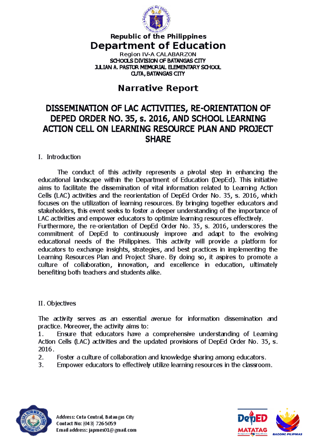 Narrative Report LAC SEPT 29 2023 Dissemination of LAC Actys ...