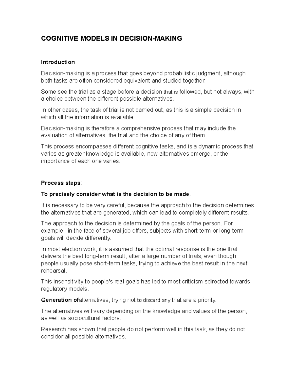 Cognitive models in decision-making - COGNITIVE MODELS IN DECISION ...