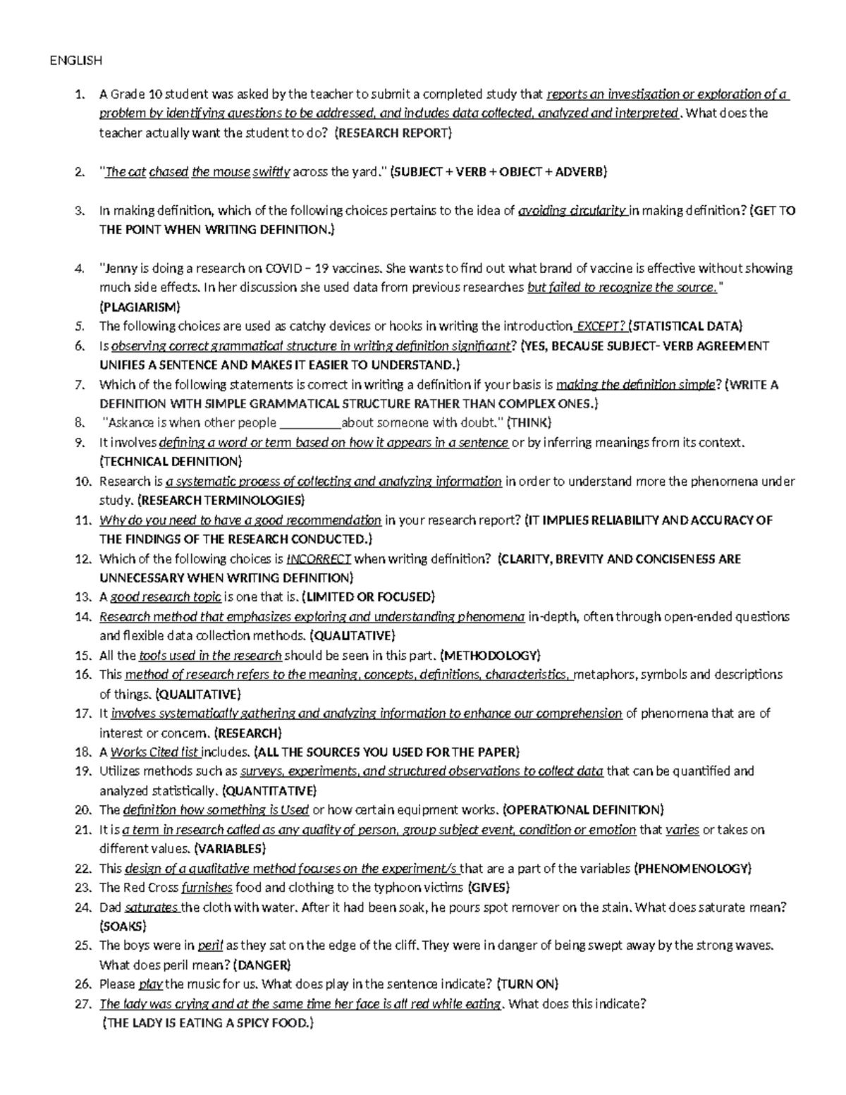 English reviewer - ENGLISH A Grade 10 student was asked by the teacher ...