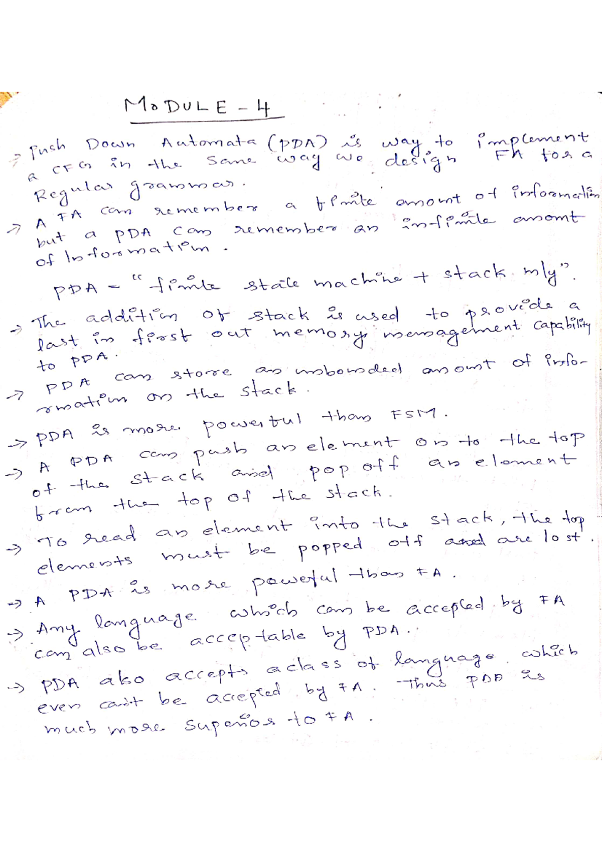 FLAT - Module 4 - nothing - MODULE 4 push Down Automata (PDA) is way to implement a ? CFG in the ...