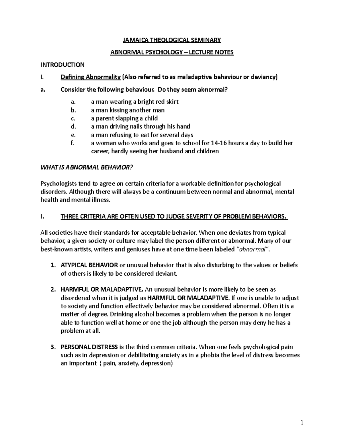Abnormal Psychology Notes 2011 1 - JAMAICA THEOLOGICAL SEMINARY ...
