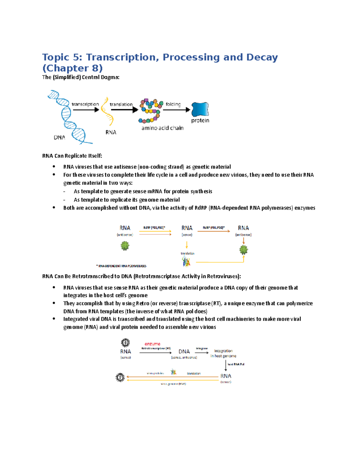 BIOL 226 summary notes topics 5-10 - Topic 5: Transcription, Processing ...