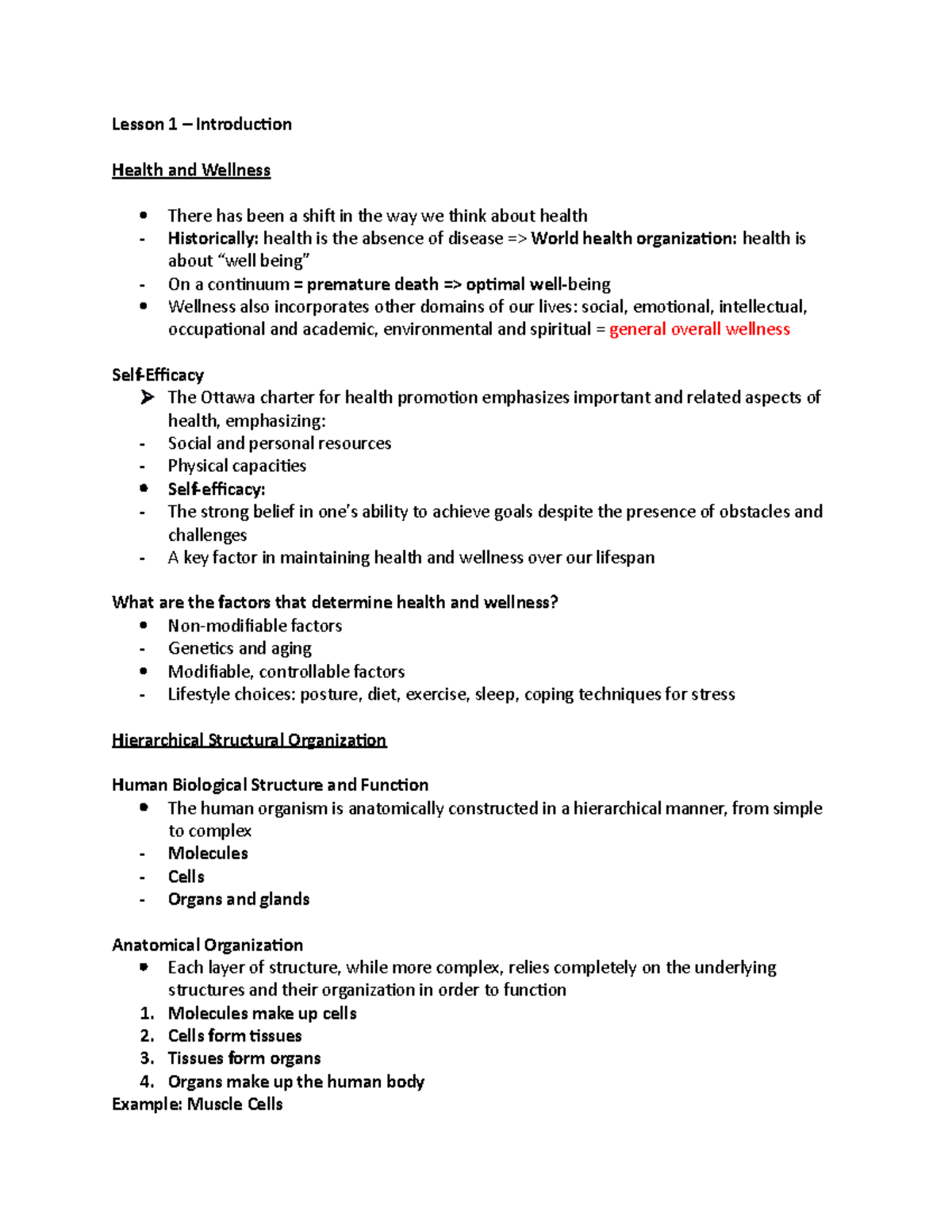 EXCI - Notes - lesson 1-3 - Lesson 1 – Introduction Health and Wellness ...