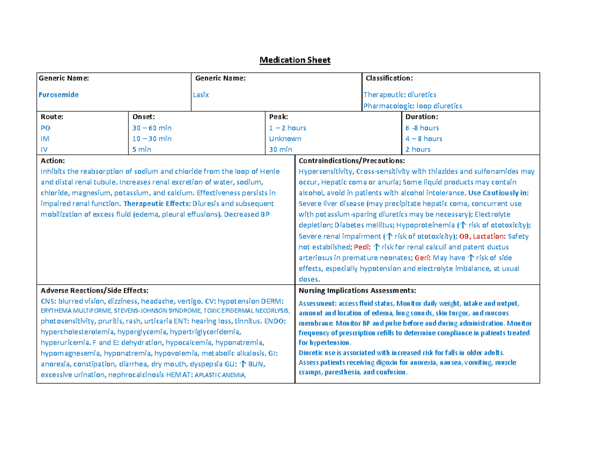 Medication Sheet - Medication Sheet Generic Name: Furosemide Generic ...