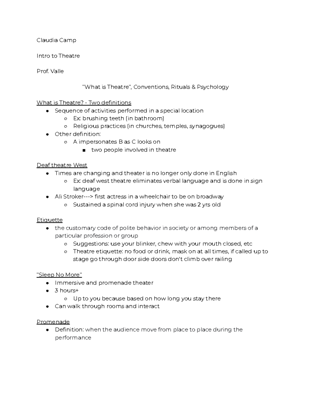 Intro to Theatre Lecture Notes - Claudia Camp Intro to Theatre Prof ...