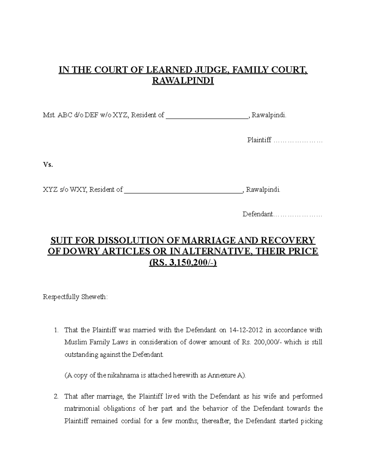 Suit for Khula and Recovery of Dowry - IN THE COURT OF LEARNED JUDGE ...