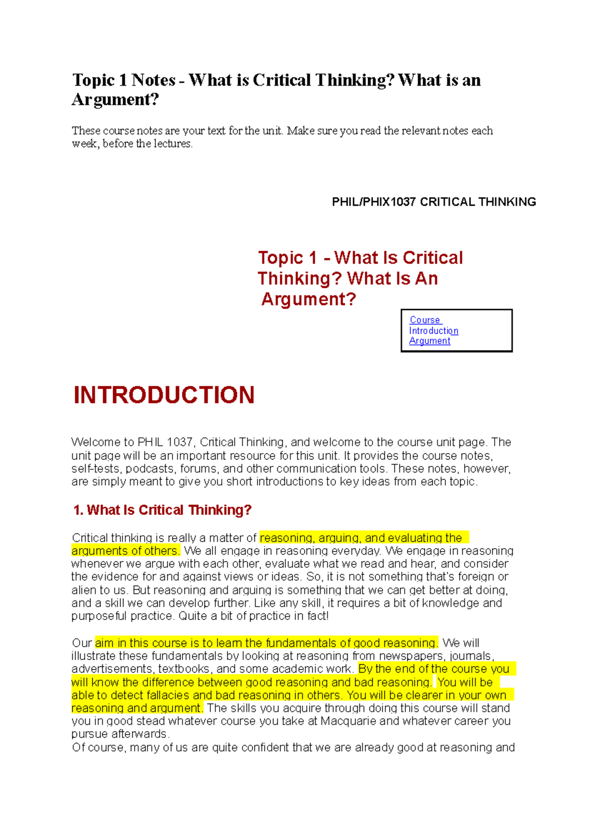 Topic 1 Notes - Topic 1 Notes - What is Critical Thinking? What is an ...