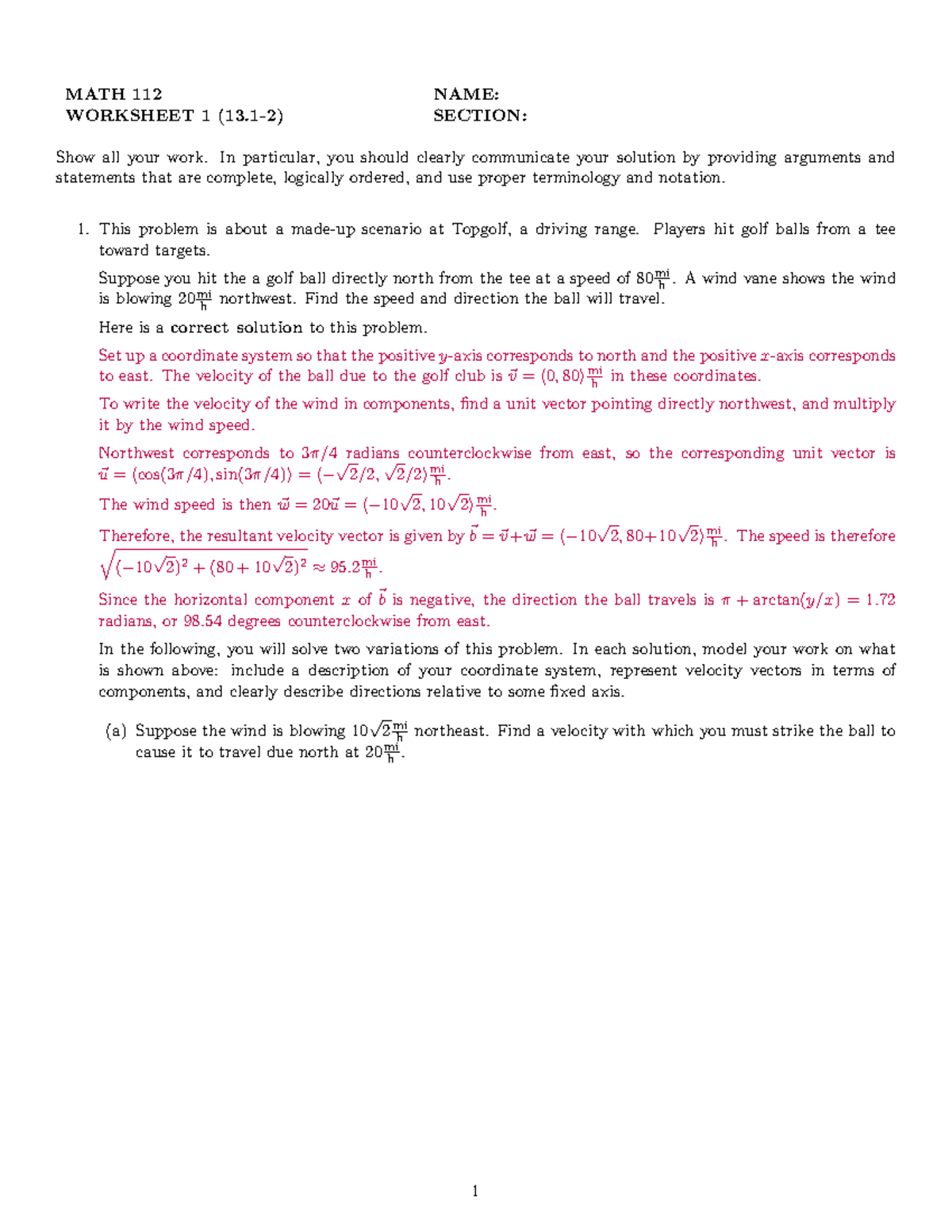 WS1 112 F21 - Practice material - MATH 112 NAME: WORKSHEET 1 (13-2 ...
