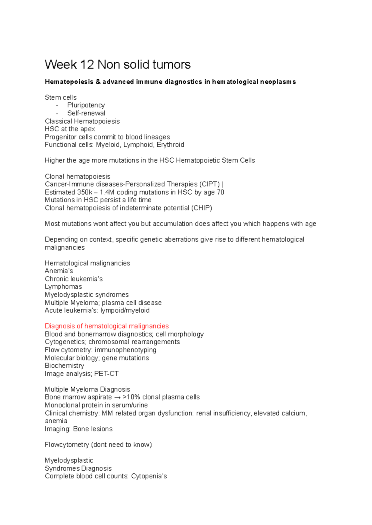Week 12 Non solid tumors - Week 12 Non solid tumors Hematopoiesis ...