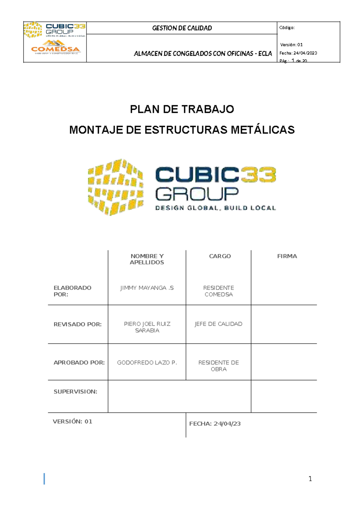 01 PLAN DE Montaje EEMM - proyecto metálico - Versión: 01 ALMACEN DE ...