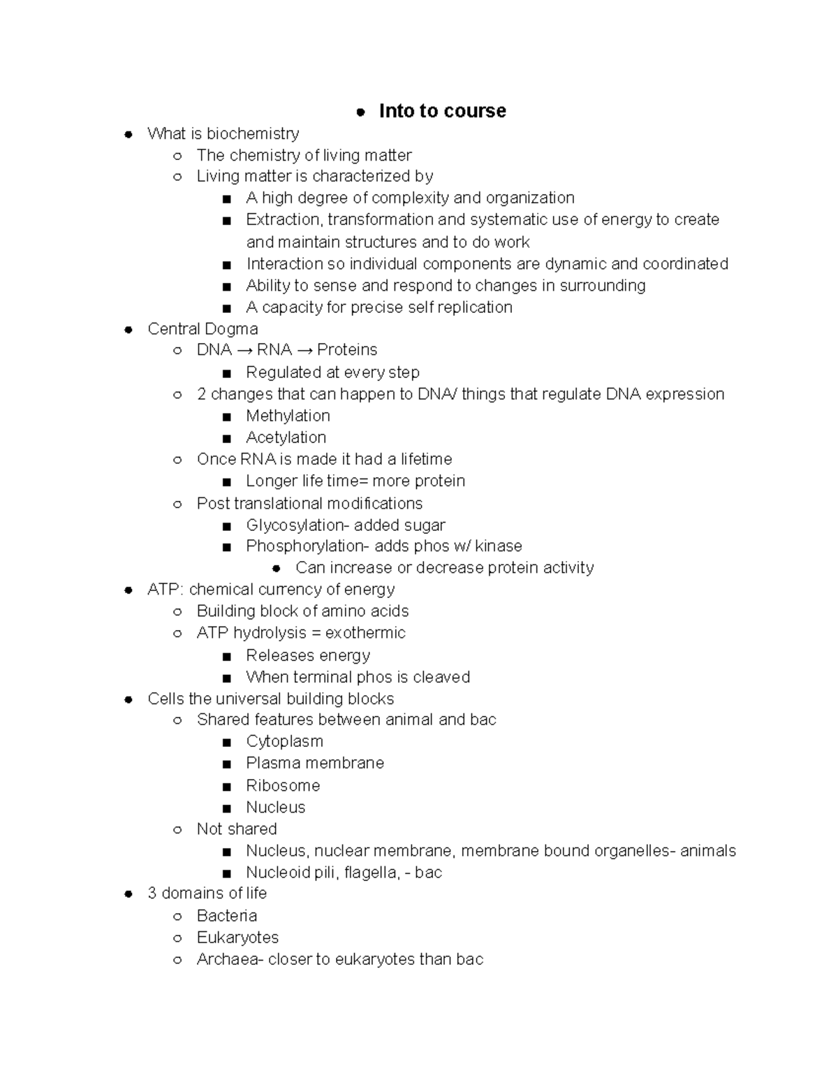Biochem notes final fall semester - Into to course What is biochemistry ...