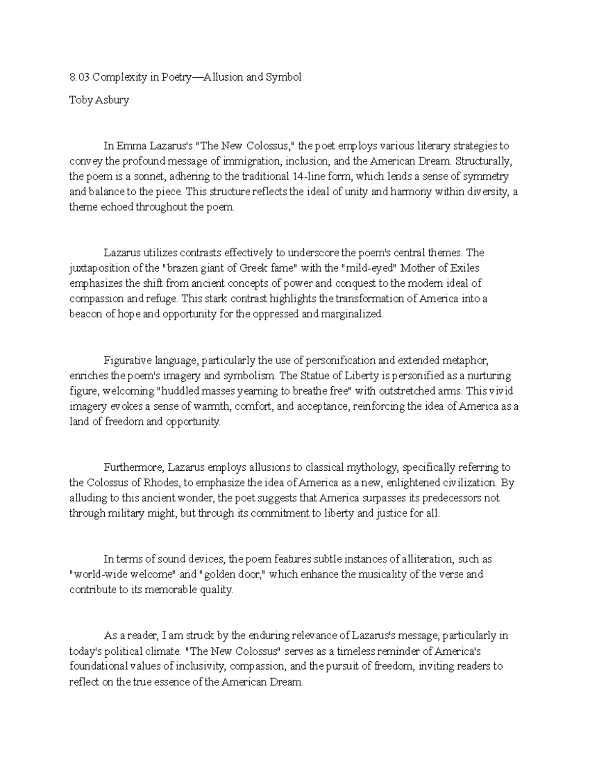 8.03 Complexity in Poetry—Allusion and Symbol - Structurally, the poem ...