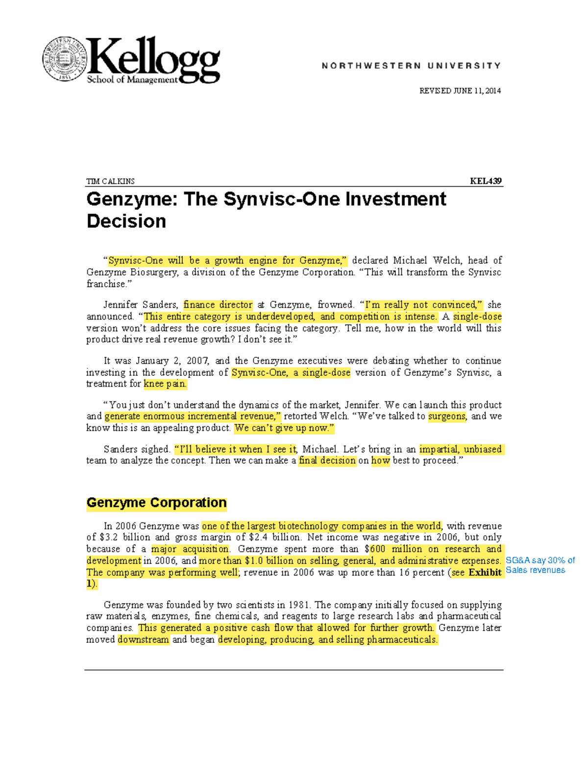 Genzyme Case of study year 2023 - REVISED JUNE 11, 2014 TIM CALKINS KEL ...