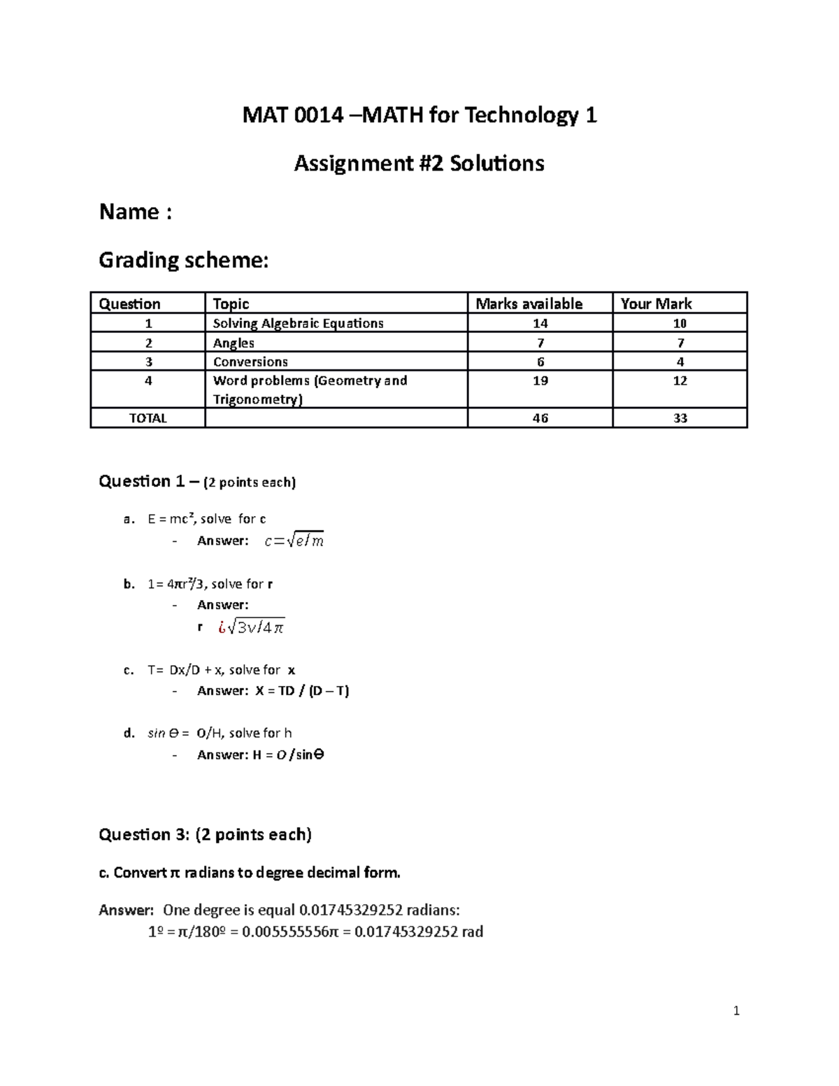 Assignment 2 solutions - MAT 0014 –MATH for Technology 1 Assignment #2 ...