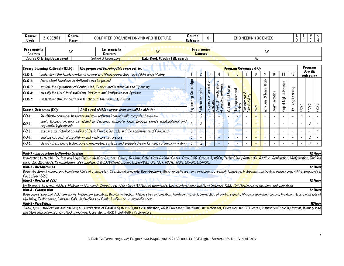 21CSS201T syllabus - Hey hey - 7 CourseCourseCourse21CSS201T COMPUTER ORGANIZATION AND ...