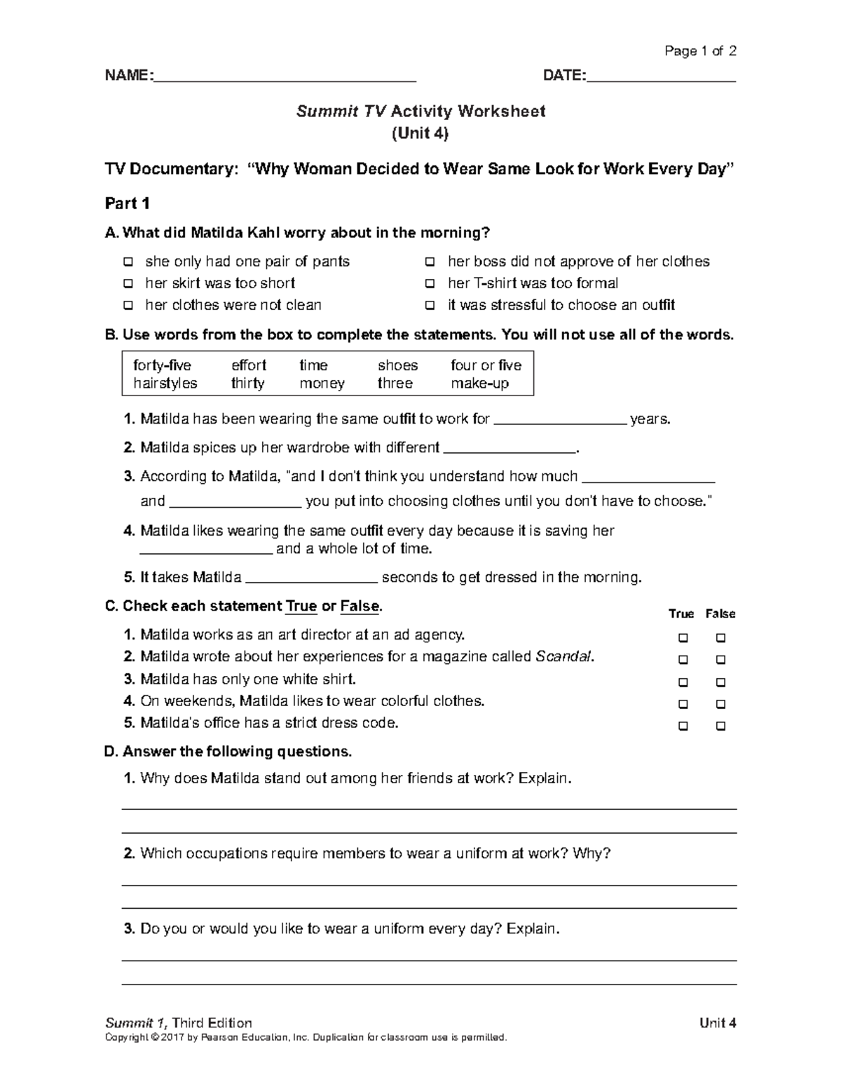 Worksheet SUMM 1 UNIT 5 - Copyright © 2017 by Pearson Education, Inc ...