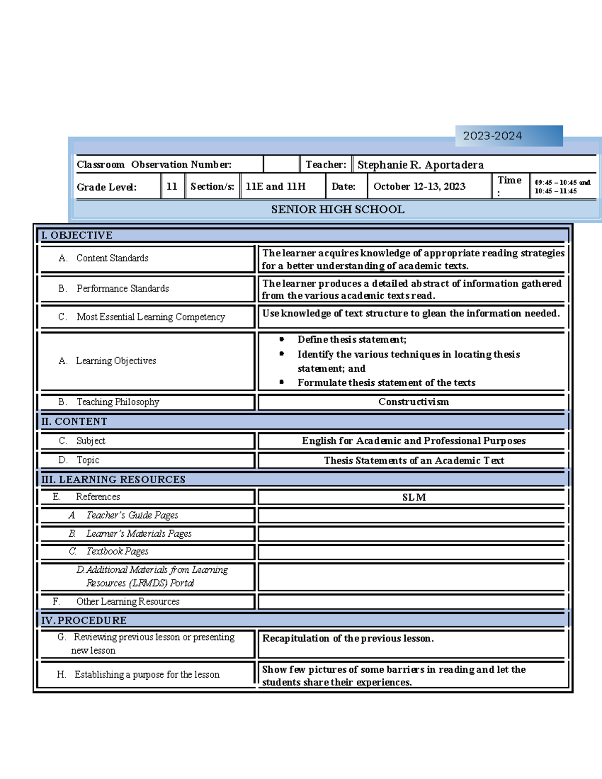 Classroom Observation Number - Aportadera Grade Level: 11 Section/s ...