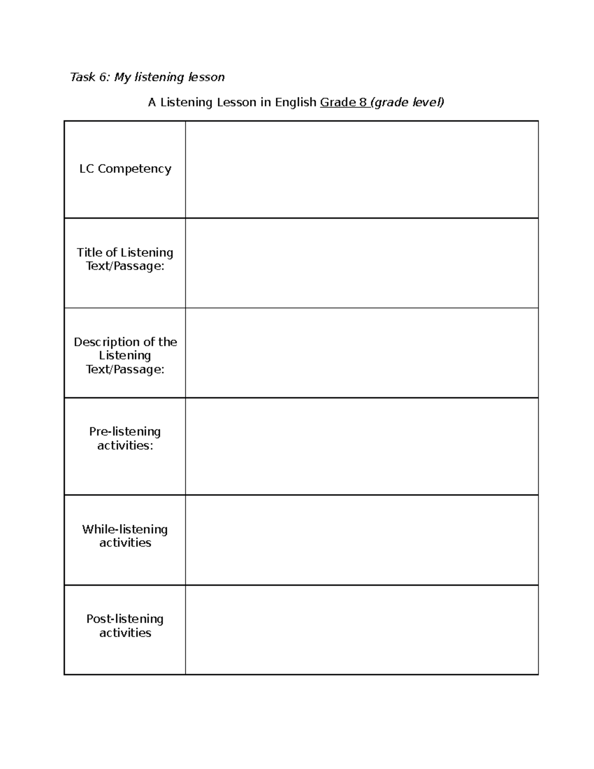 Macro Skills - wala lang - Task 6: My listening lesson A Listening ...