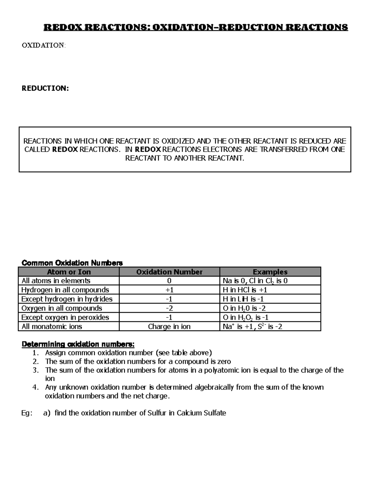 1. Redox Reactions and oxidation numbers handout - REDOX REACTIONS ...