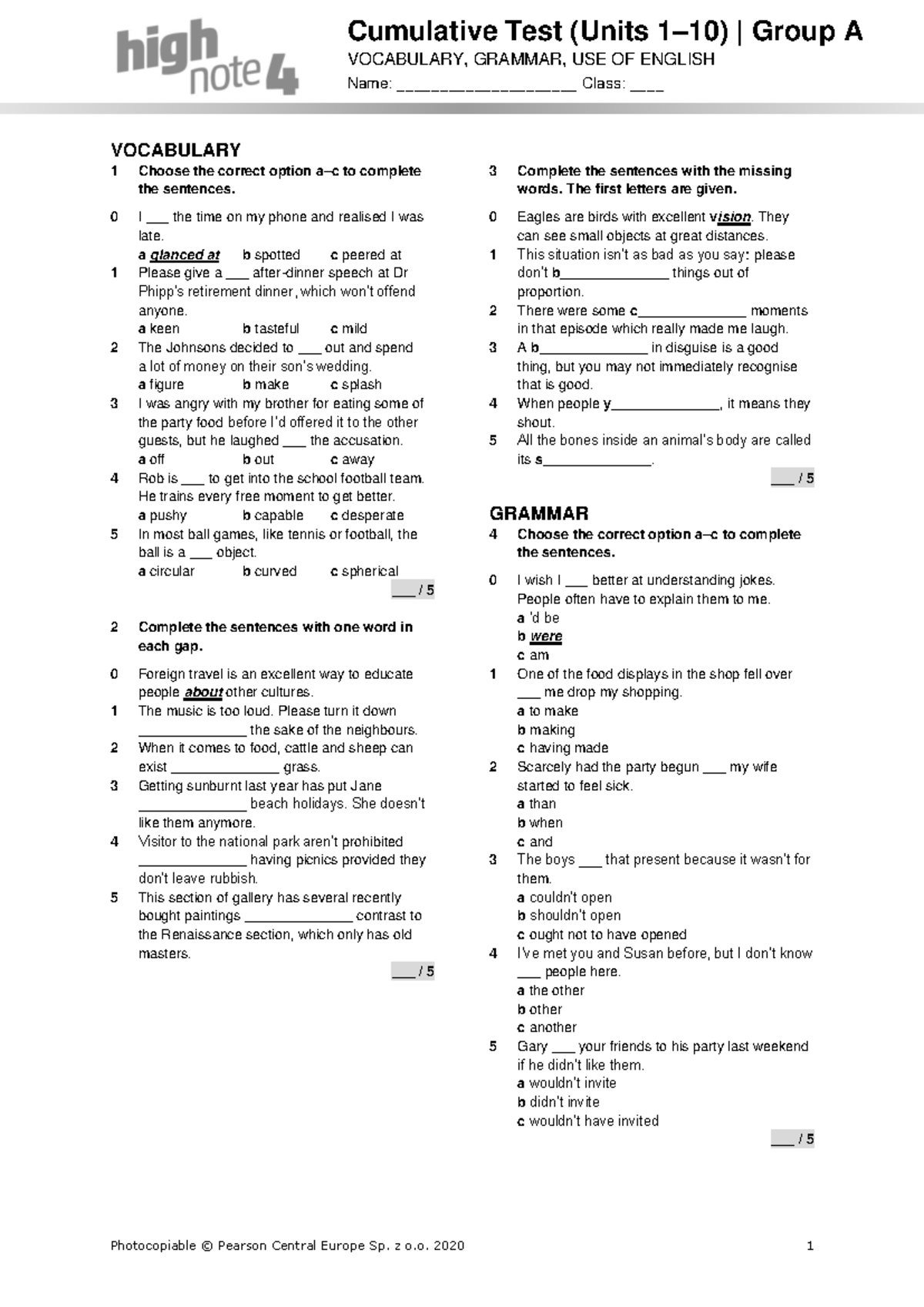 High Note 4 U1-10 Cumulative Test A - Cumulative Test (Units 1–10 ...