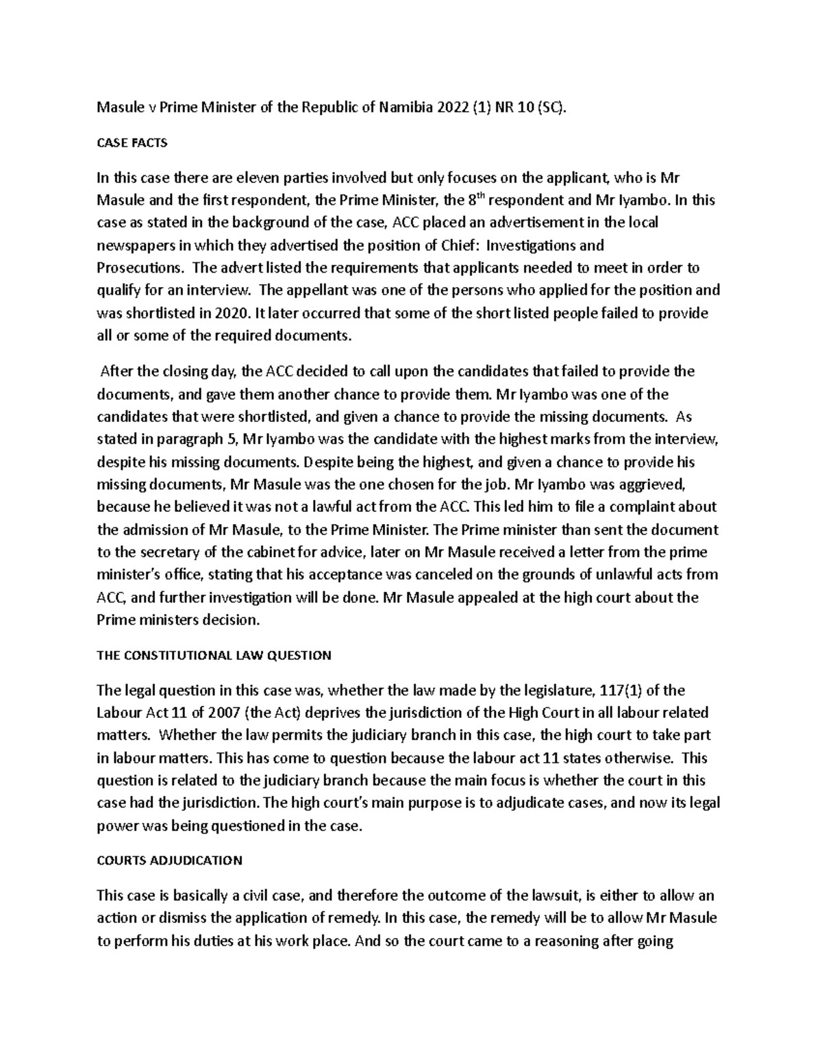 Masule v Prime Minister of the Republic of Namibia 2022 - CASE FACTS In ...