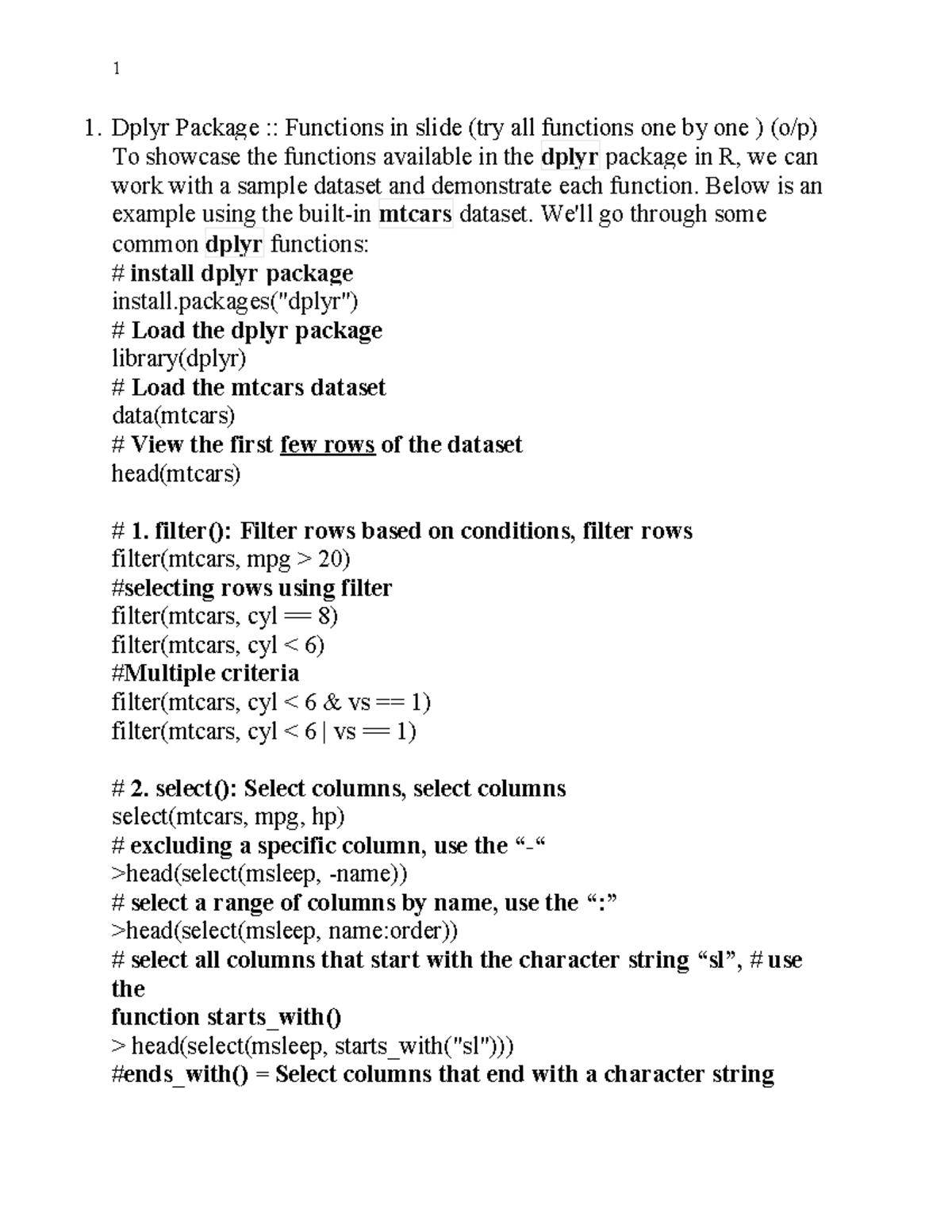 Cheat Sheet 1 Dplyr Package Functions In Slide Try All