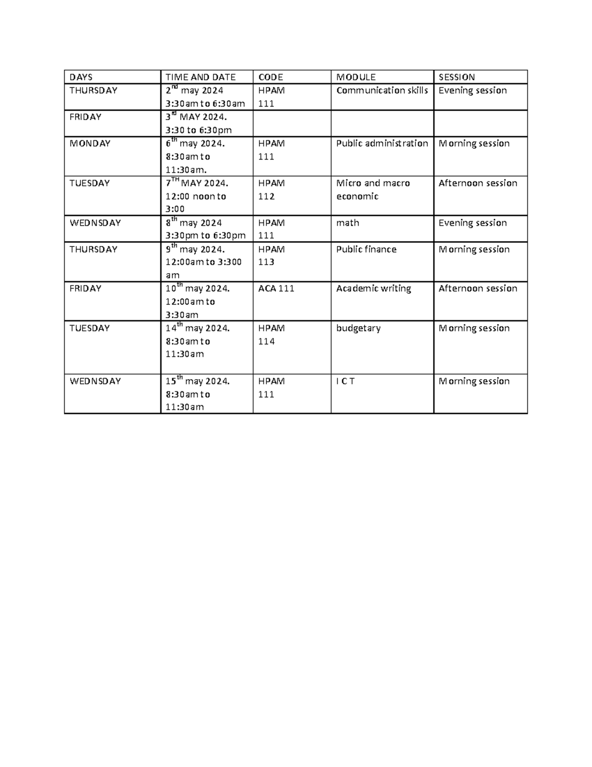 Final Timetable - Financial statements - DAYS TIME AND DATE CODE MODULE ...