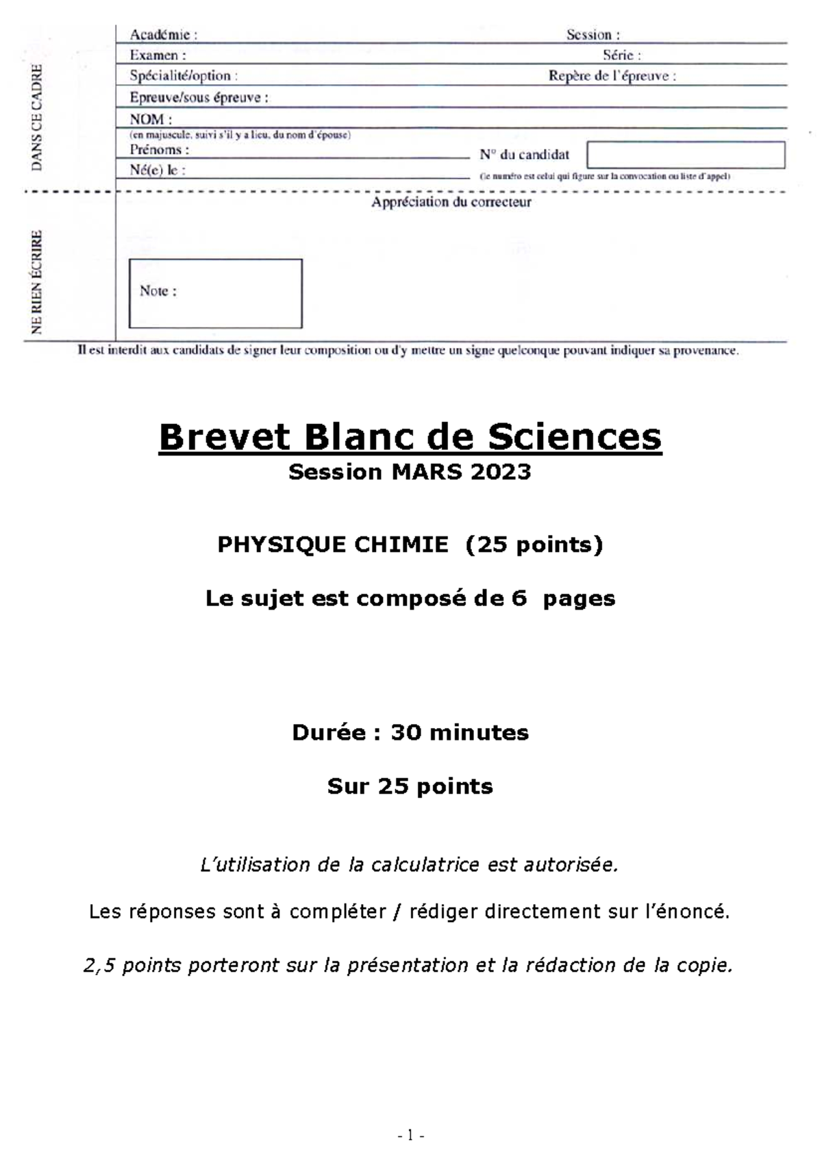 Brevet Blanc Mars 2023 - annales - Brevet Blanc de Sciences Session MARS 2023 PHYSIQUE CHIMIE ...