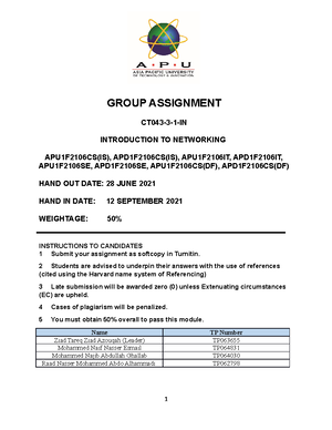 IN - Assignment - APU- APD1F2211- Updated - Page 1 of 9 INTRODUCTION TO NETWORKING Group ...