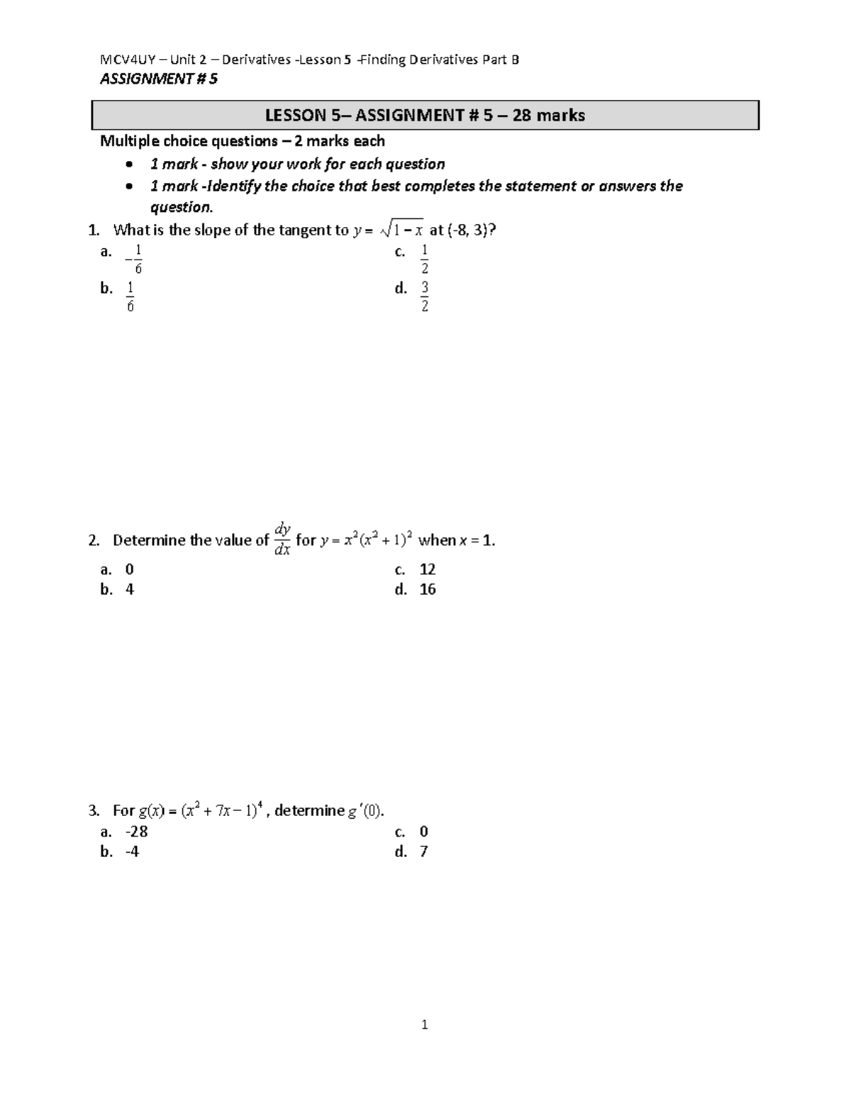 Lesson 5- Assignment # 5 - ASSIGNMENT # 5 LESSON 5– ASSIGNMENT # 5 – 28 marks Multiple choice ...