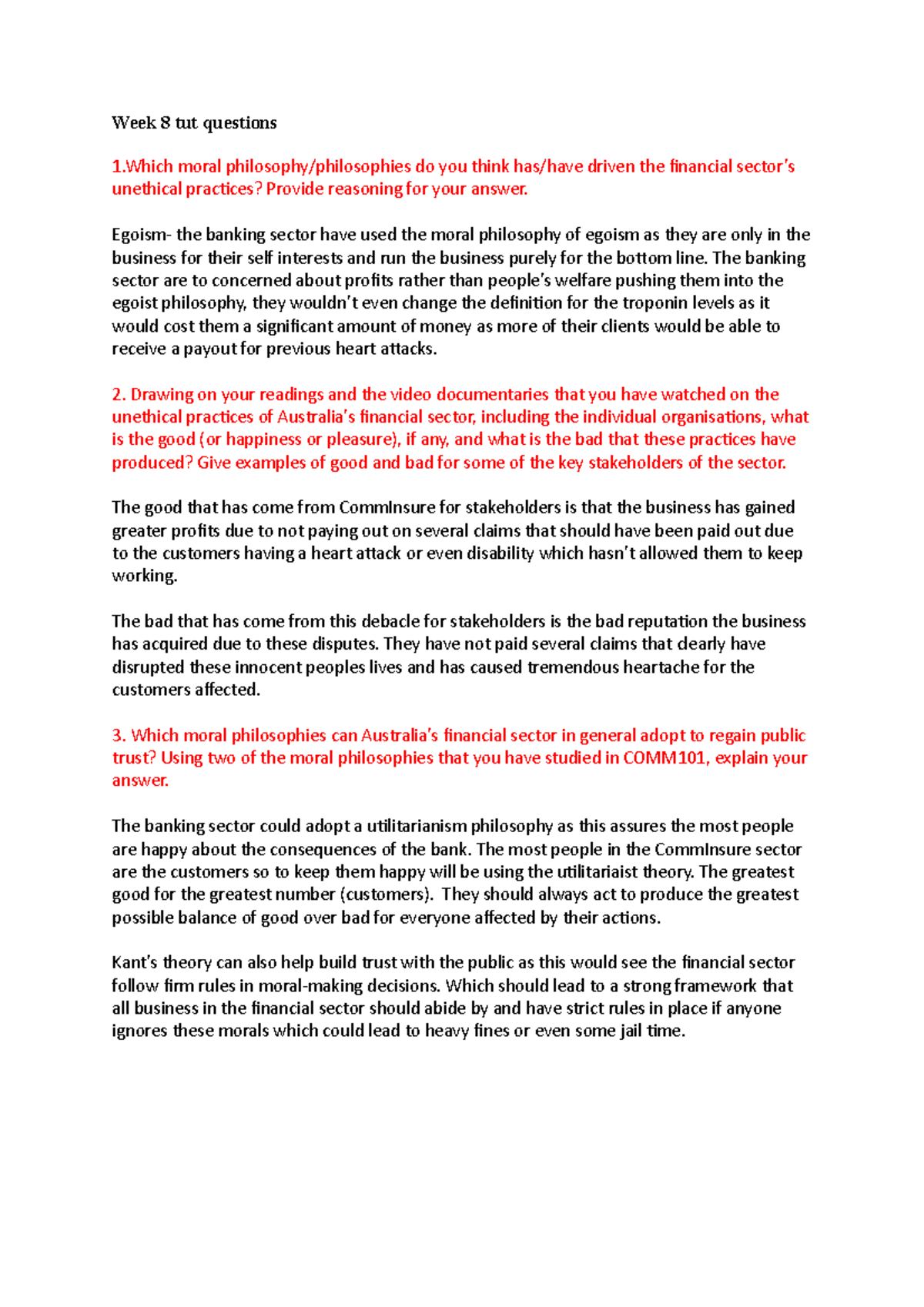 COMM101 Week 8 - Week 8 tut questions 1 moral philosophy/philosophies ...