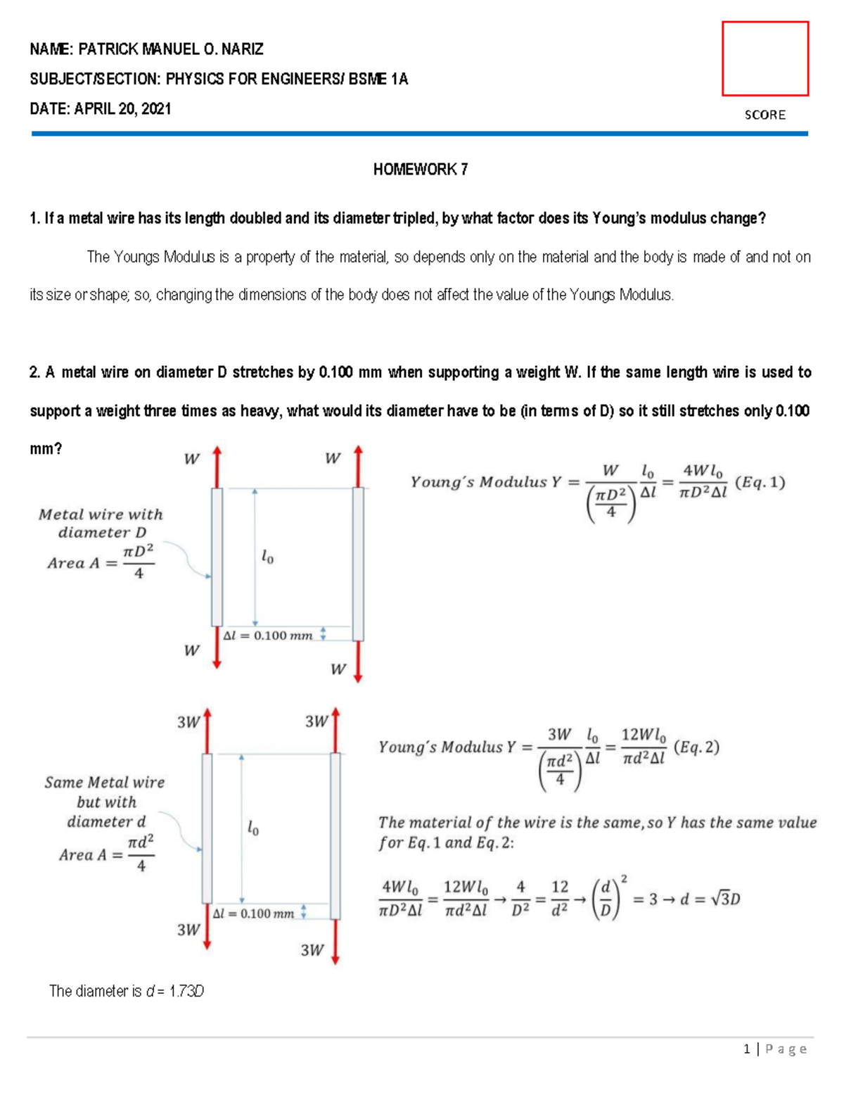 PHY1ME1A Homework 7 Nariz Patrick Manuel - Mechanical Engineering ...