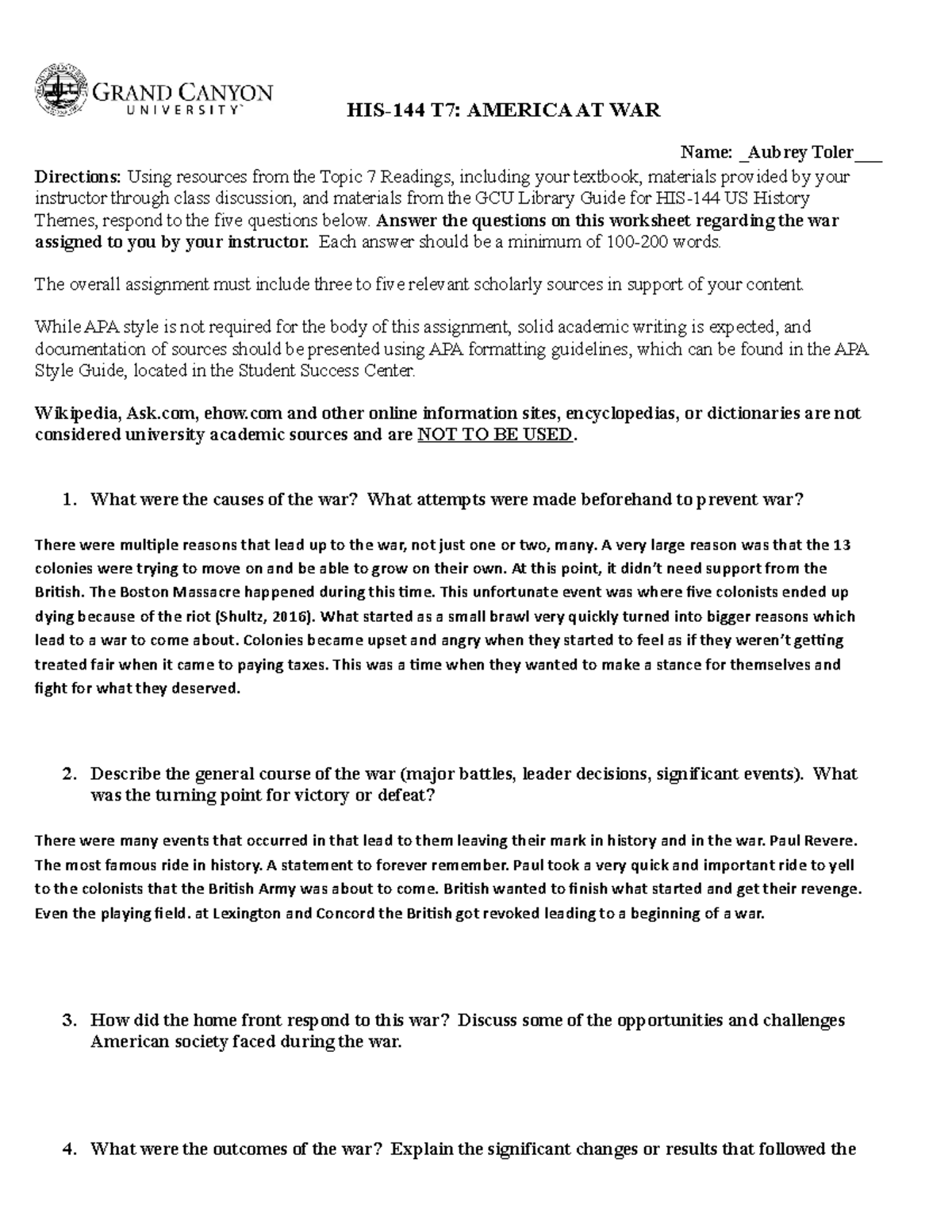 HIS-144 Topic 7 America at War Worksheet - HIS-144 T7: AMERICA AT WAR ...