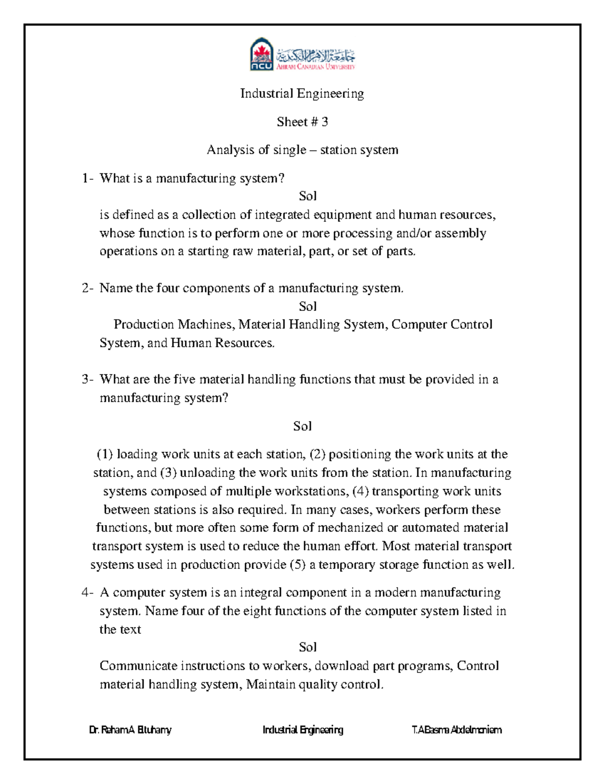 Sheet#3, IE, Analysis of single station system, solution - Dr. RehamA ...