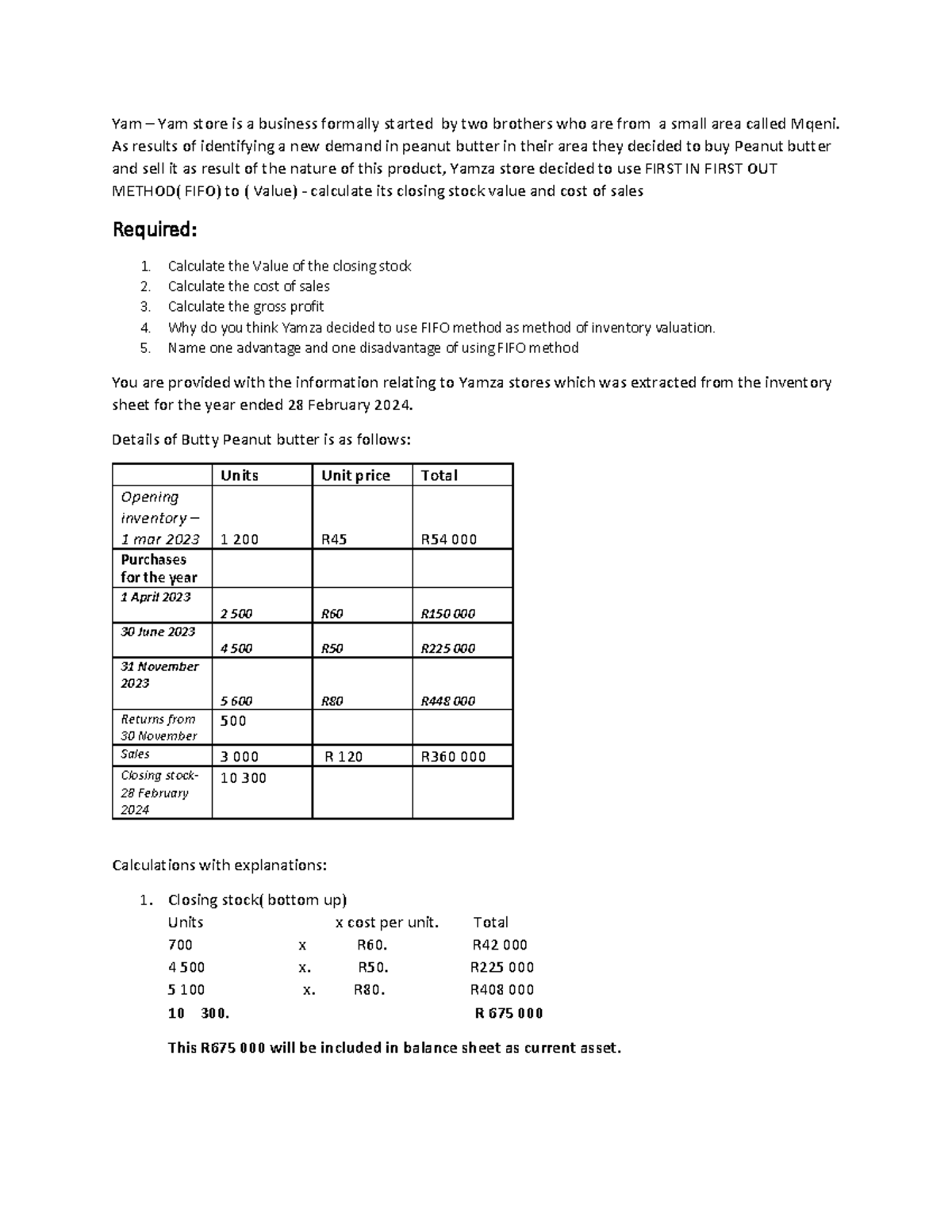 FIFO Method - Calculation OF Closing stock and cost of sales where ...