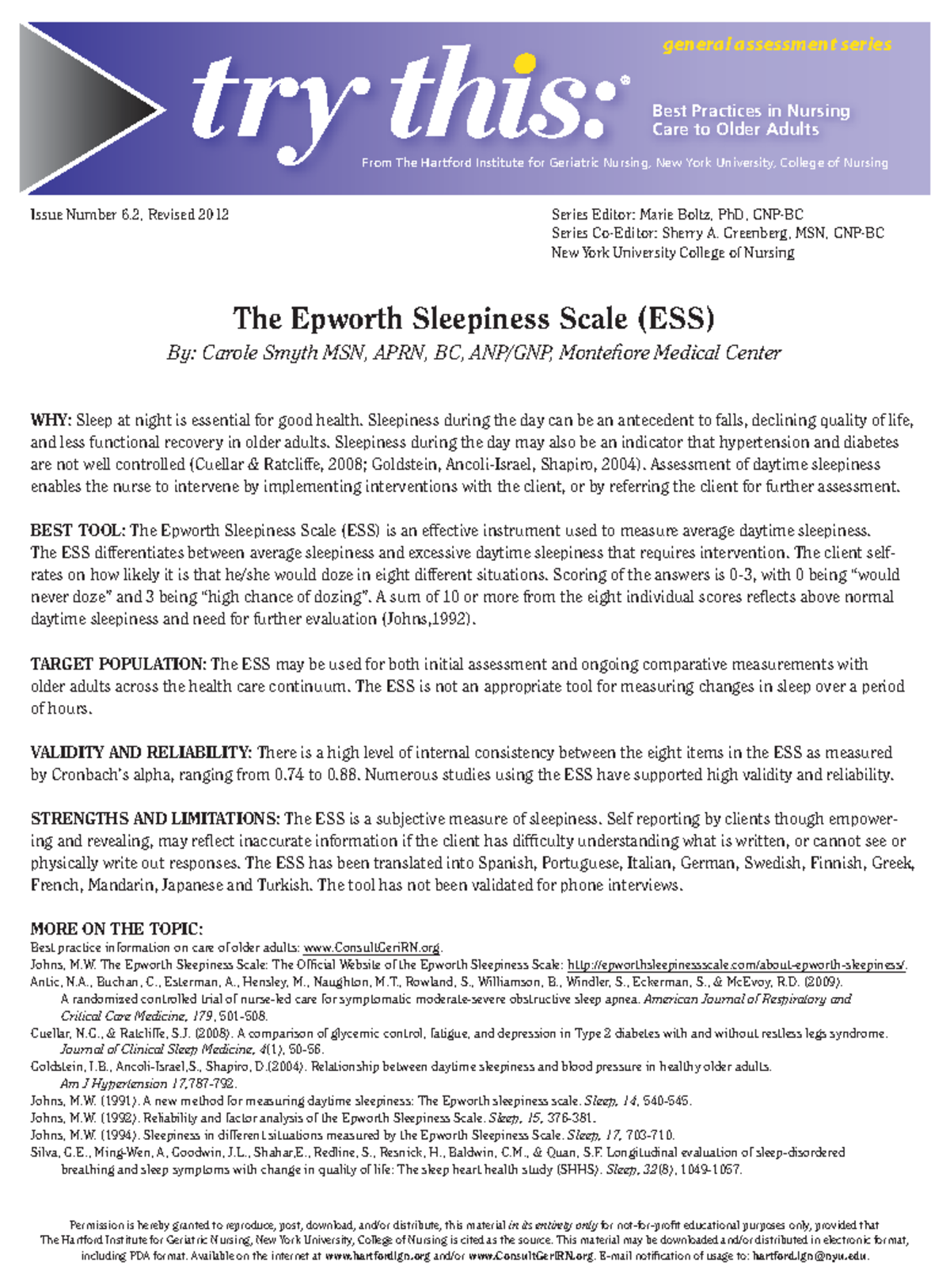 Week 4 - Epworth Sleepiness Scale - From The Hartford Institute for ...