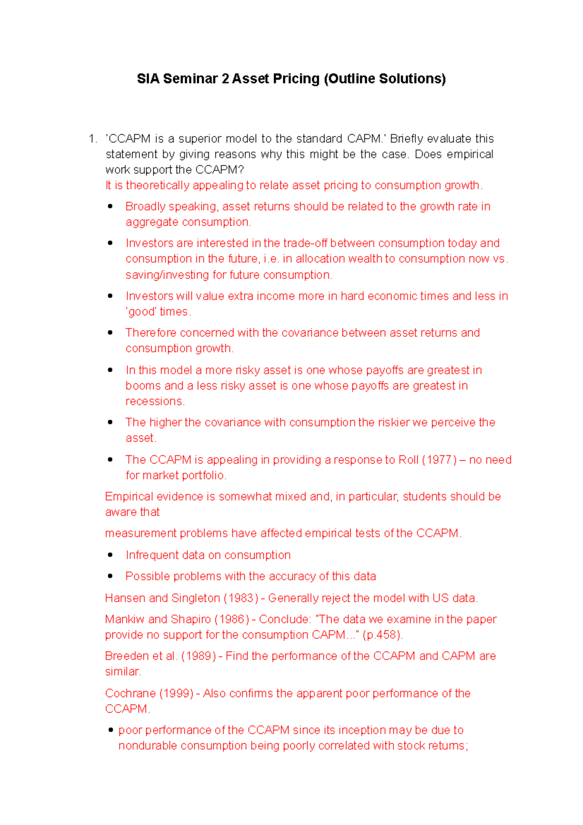 SIA Seminar 2 Asset Pricing Outline Solutions - SIA Seminar 2 Asset ...