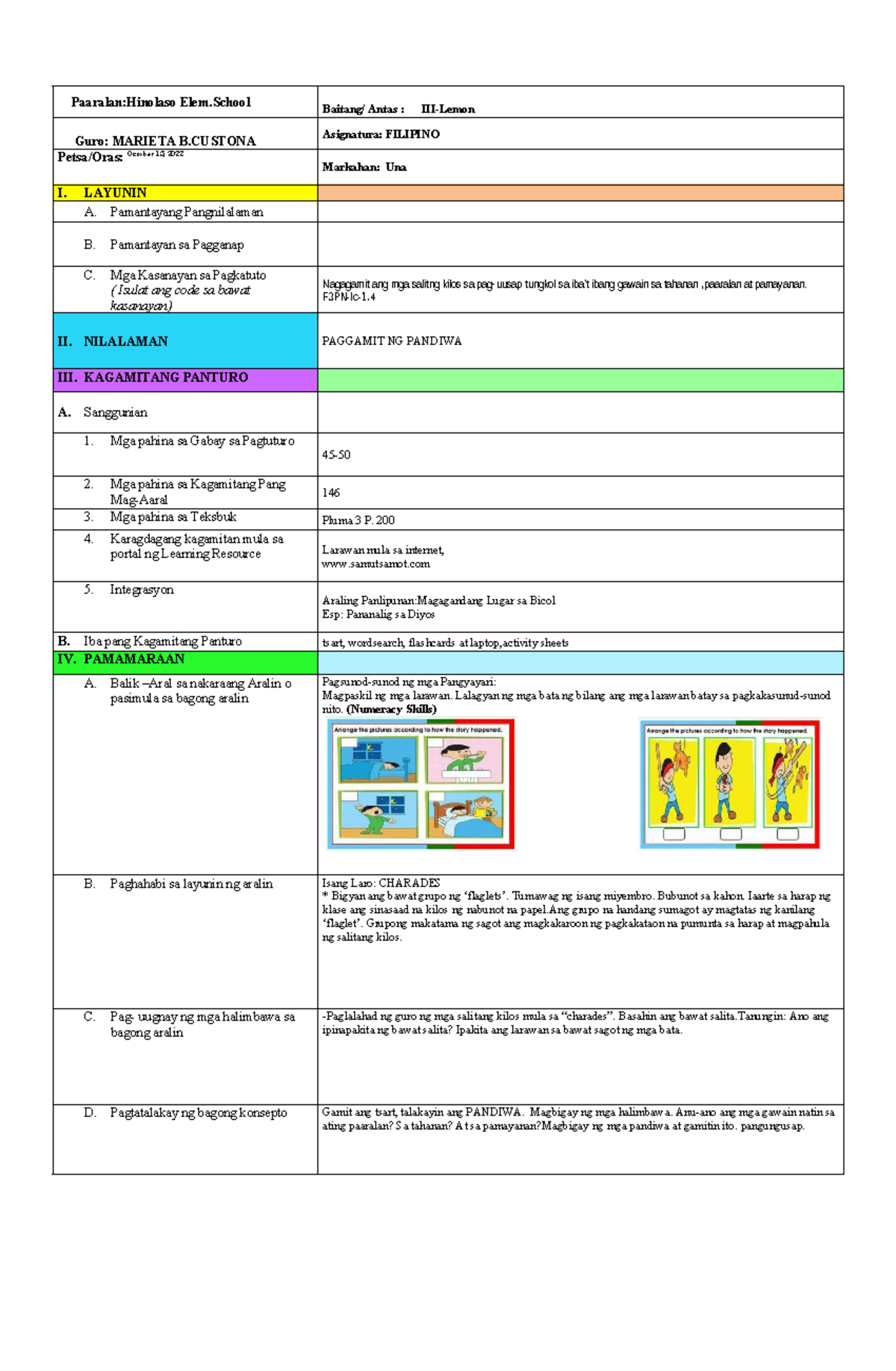 Grade 3 COT Filipino Pandiwa Q4 - revised - Paaralan:Hinolaso Elem Baitang/ Antas : III-Lemon ...