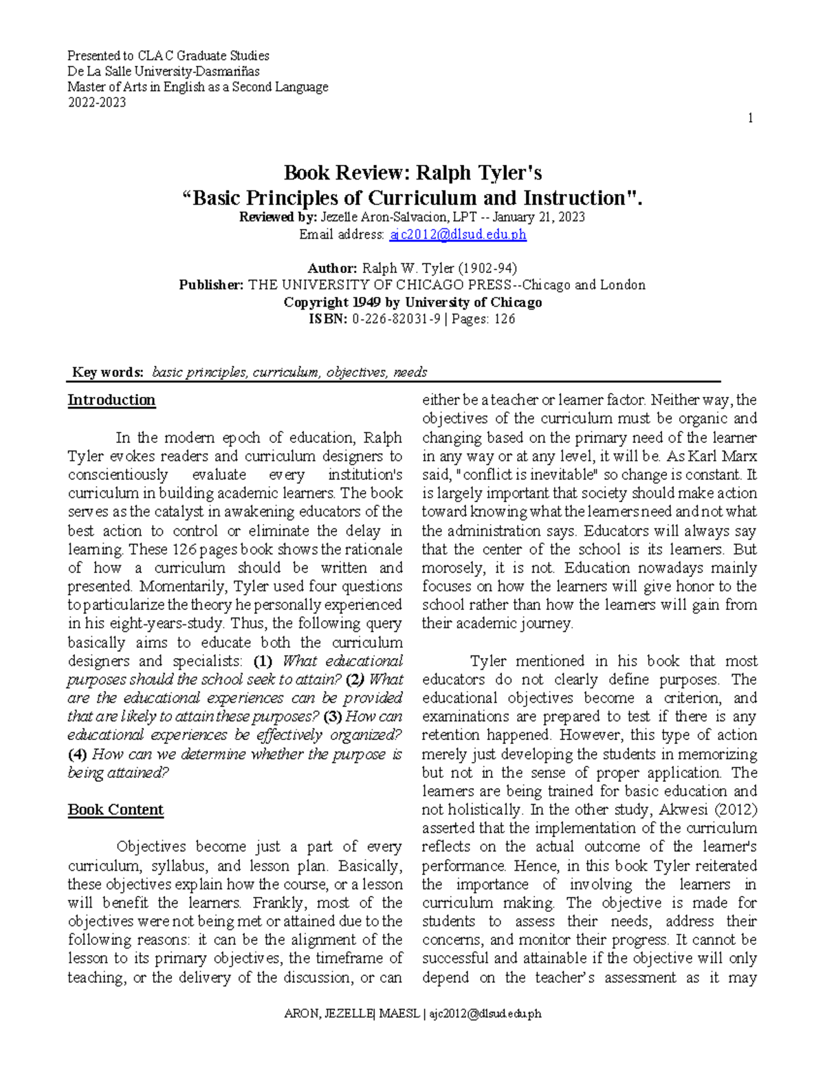 Book Review Basic Assignment - Presented to CLAC Graduate Studies De La ...