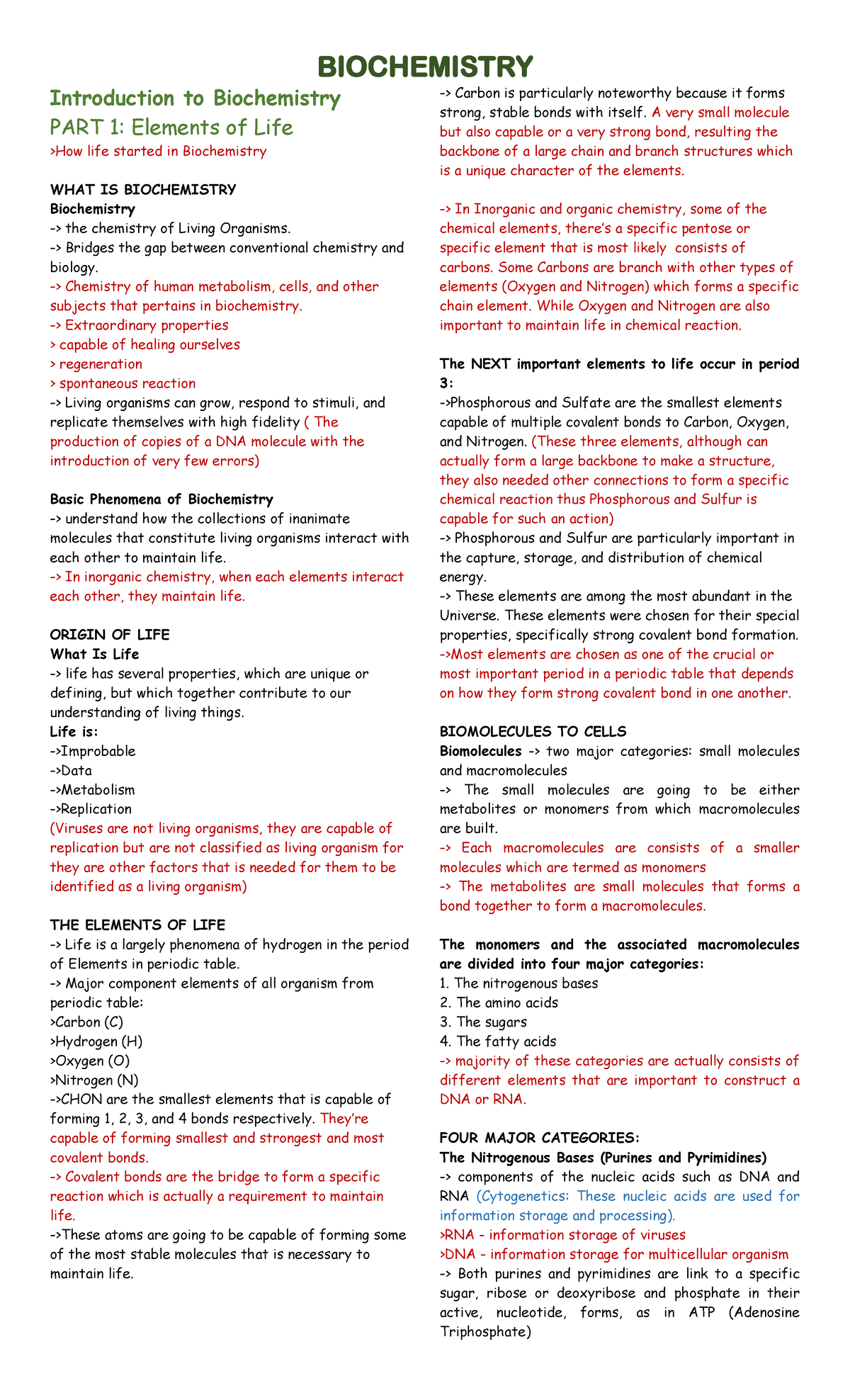 Lecture 1 - Introduction - Elements of Life - BIOCHEMISTRY Introduction ...