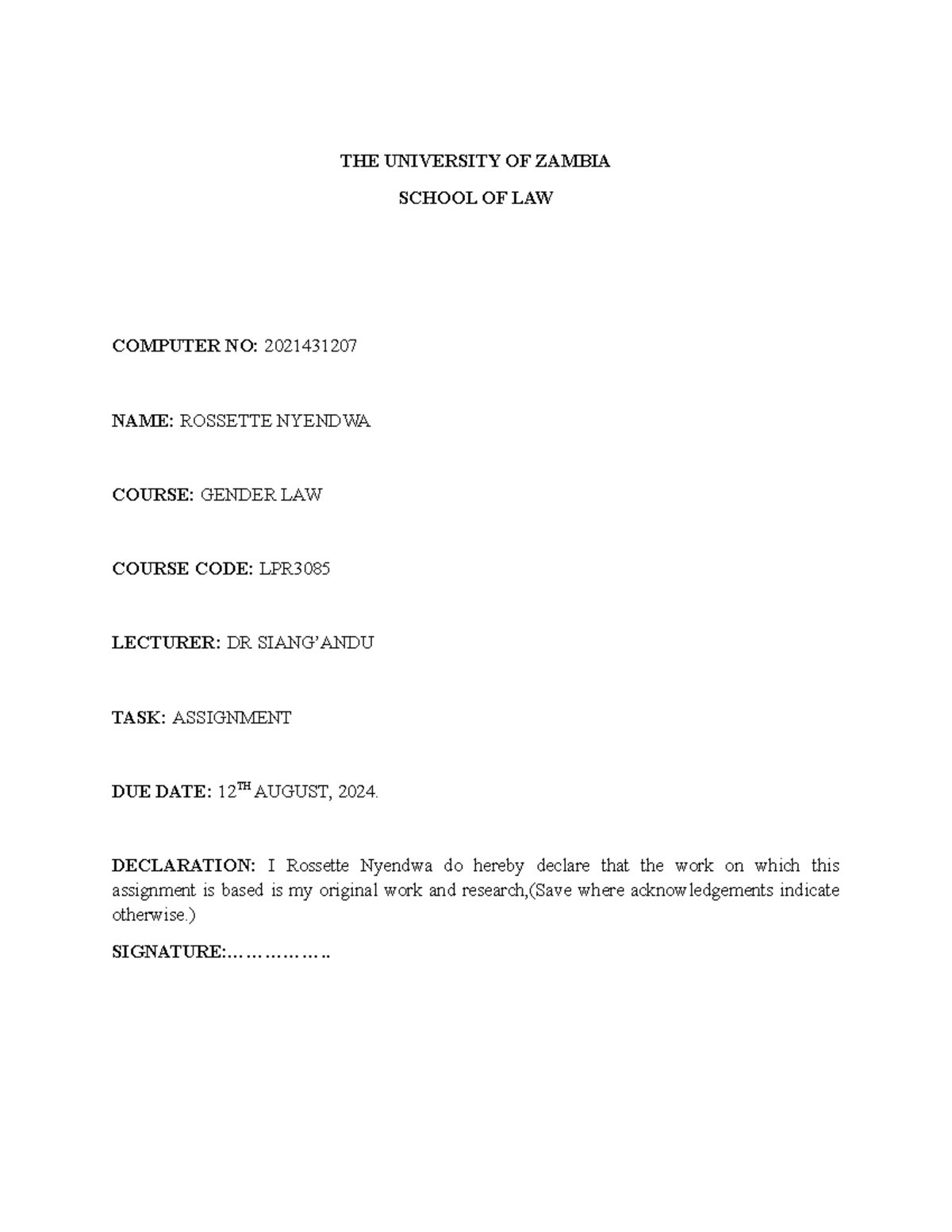 Gender Law Assignment $$ - THE UNIVERSITY OF ZAMBIA SCHOOL OF LAW ...