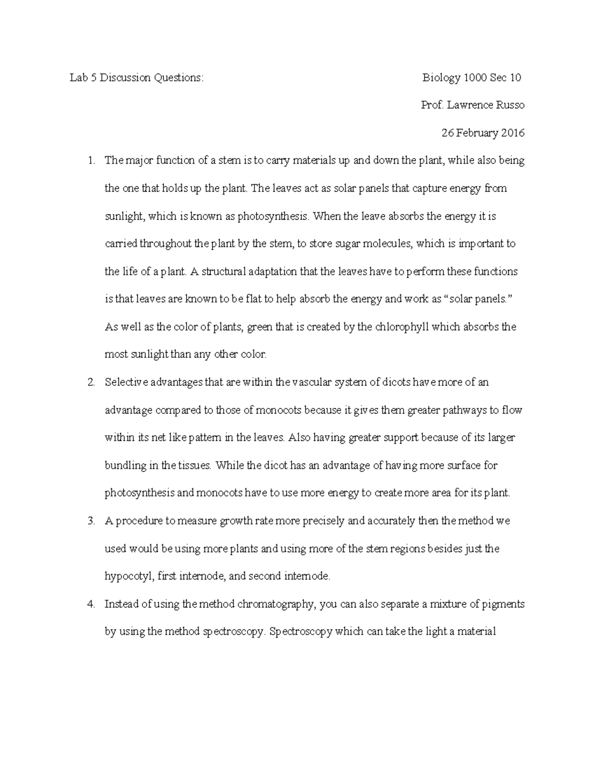 Lab 5 -Bio 1000 - lab for Prof. Russo - Lab 5 Discussion Questions ...