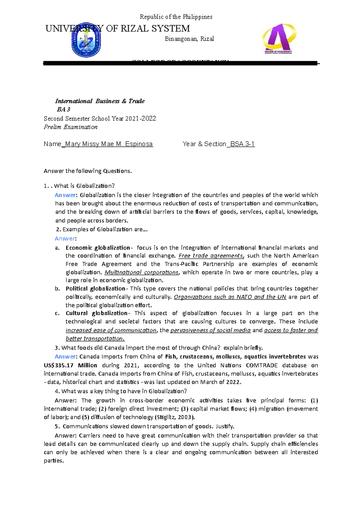 Pre Exam BA 3 (International Business Trade) - UNIVERSITY OF RIZAL ...