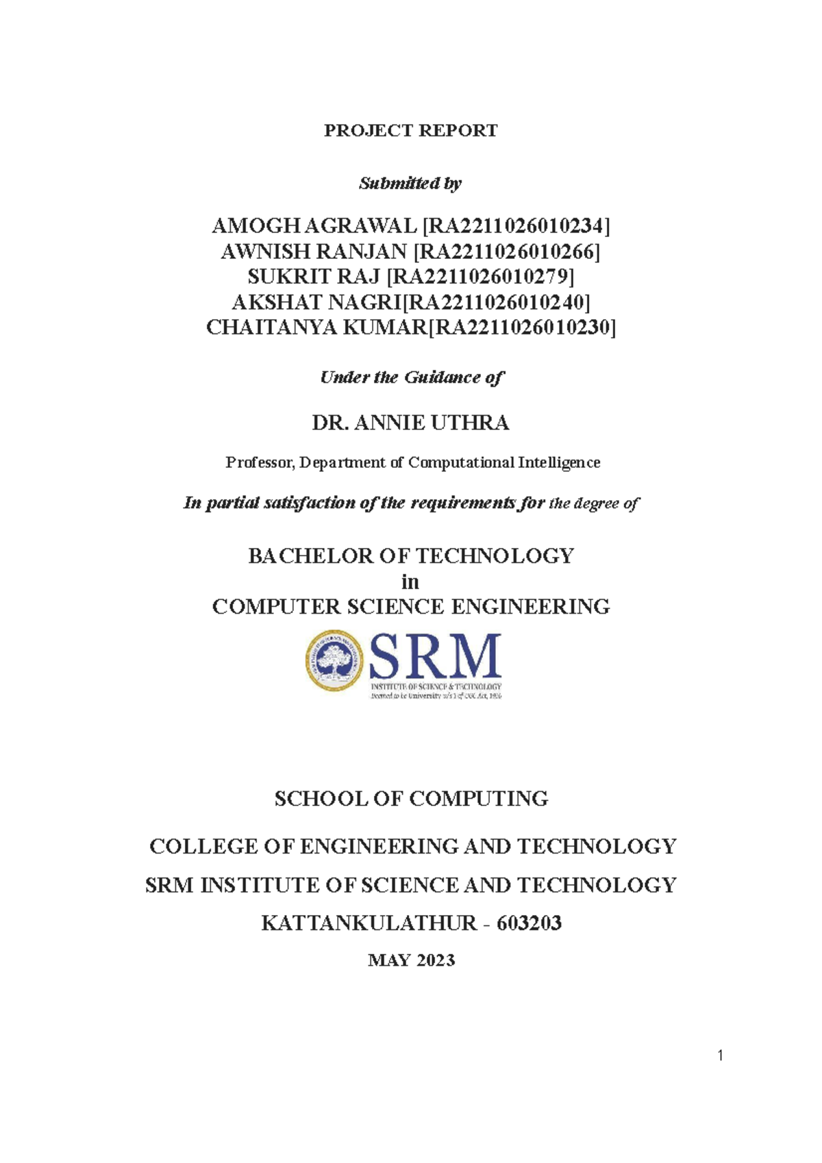 Project Report OODP - PROJECT REPORT Submitted by AMOGH AGRAWAL ...