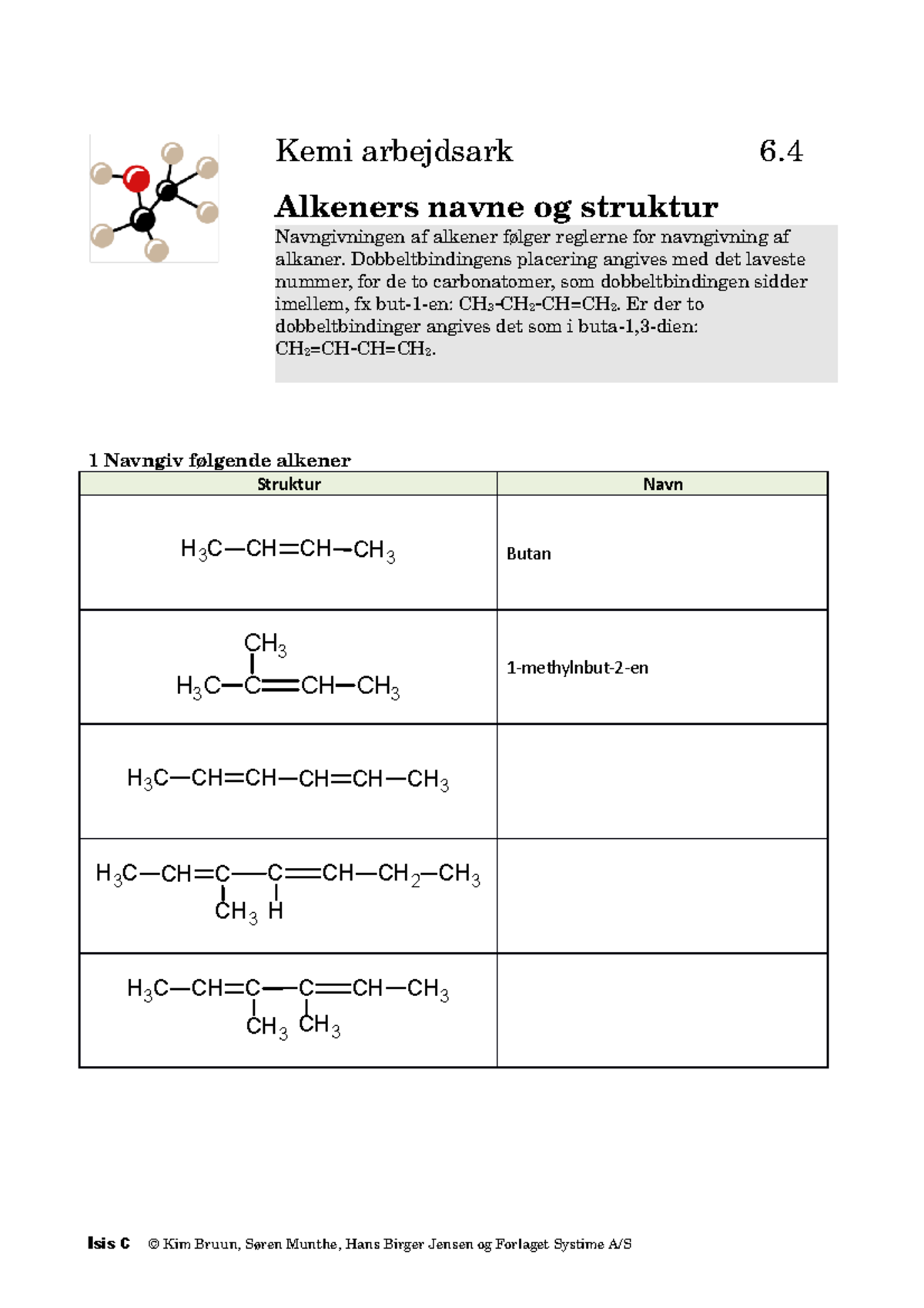 Alkaner HTX kemi Rybners - Kemi arbejdsark 6. Alkeners navne og ...