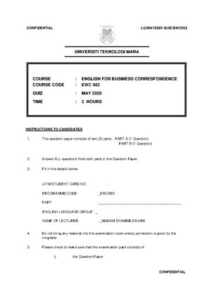 Exercise Lettter - English for Business Correspondance - UiTM - Studocu