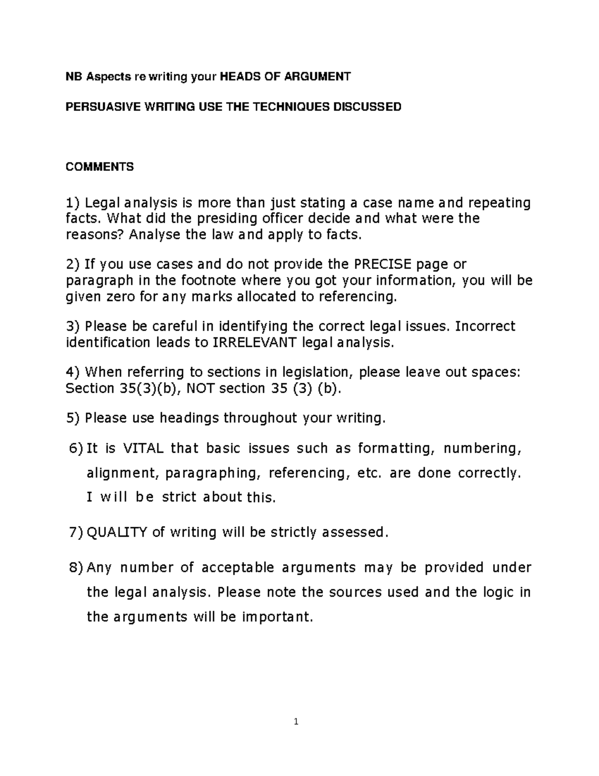 Heads OF Argument Example Discussion - NB Aspects re writing your HEADS ...