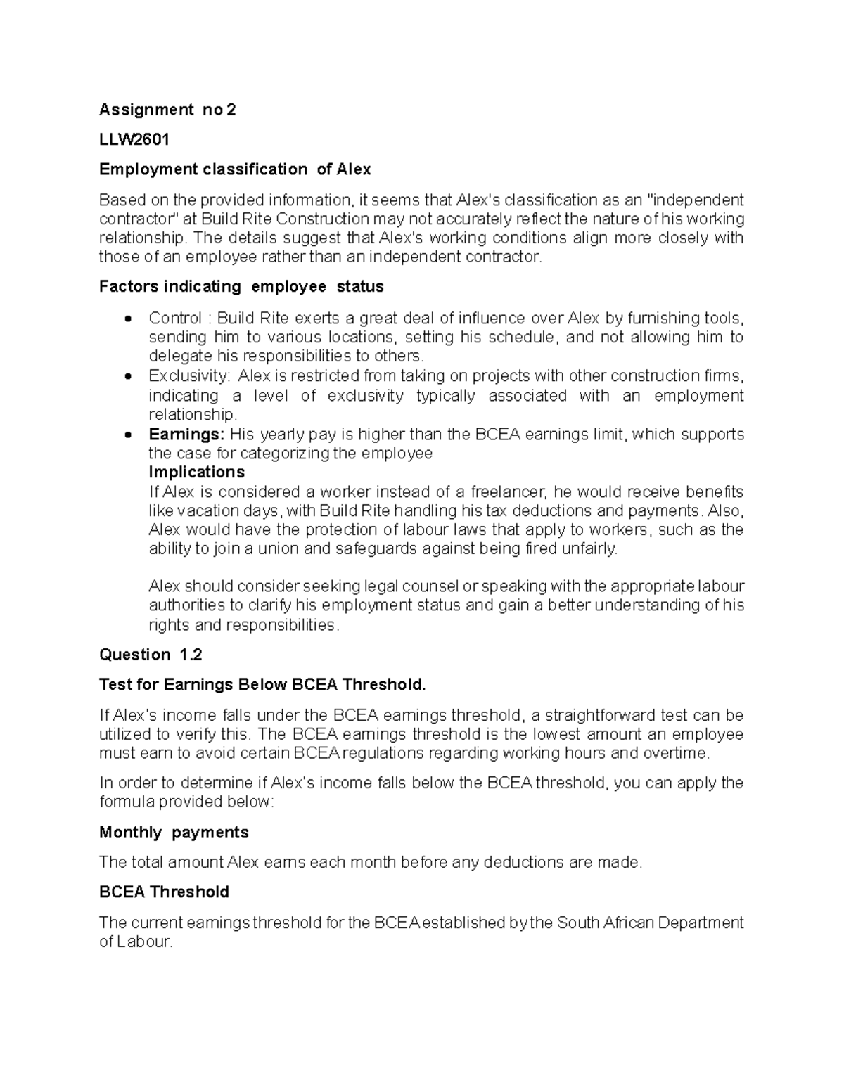LLW2601 assignment 333 - Assignment no 2 LLW Employment classification of Alex Based on the ...